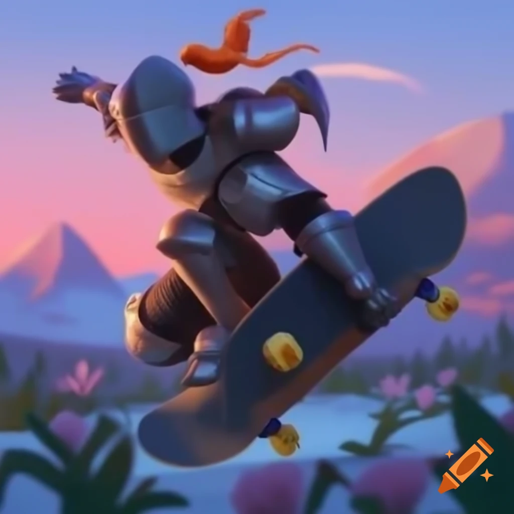 Knight in dark silver armor performing a kickflip on skateboard in a ...