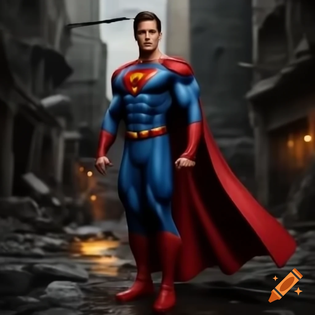 Superhero defending a ruined city in a dramatic scene on Craiyon