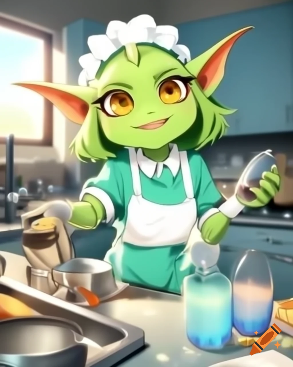 Cheerful green-skinned goblin maid scrubbing kitchen floor in anime ...