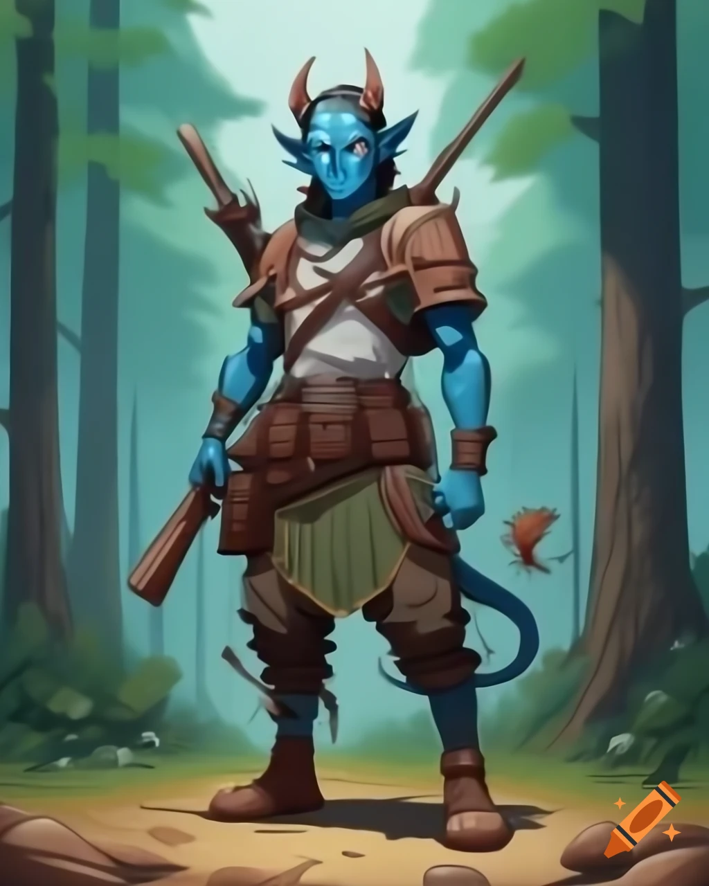 Half-devil adventurer with blue skin and magic rifle walking under ...