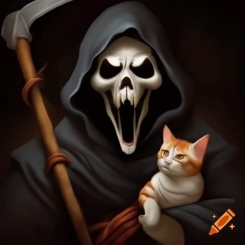 Grim Reaper holding small orange and white cat on Craiyon