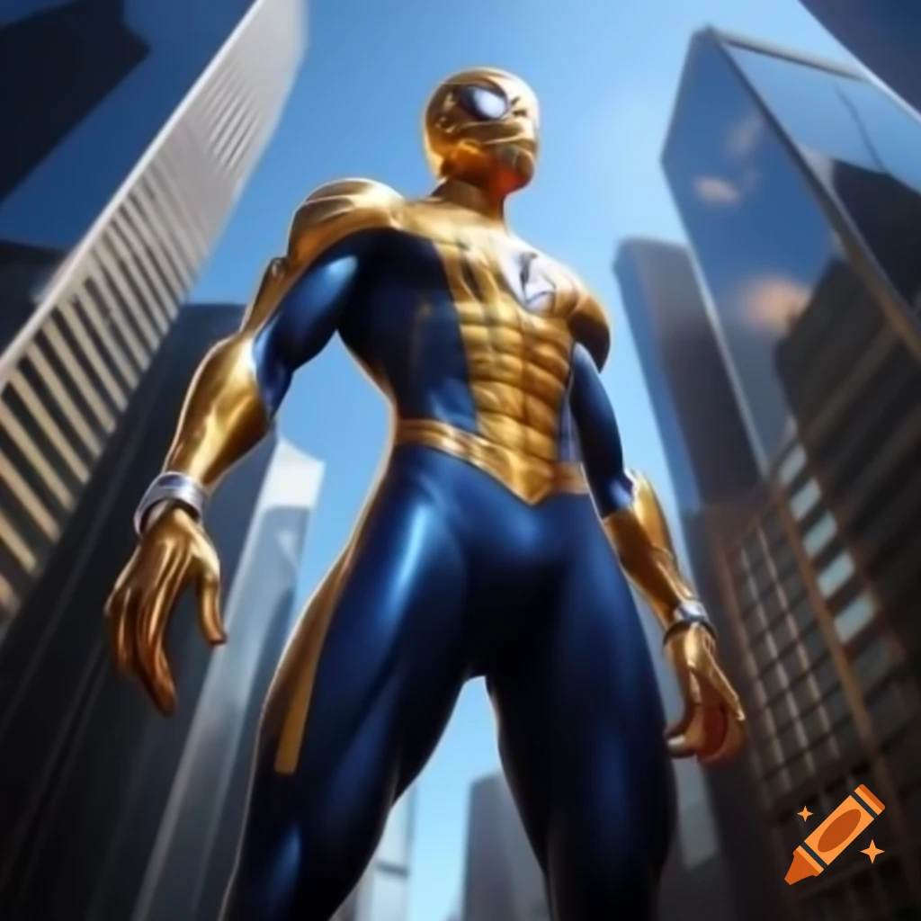 Hyper-realistic spider-man in gold and silver reflective suit under ...