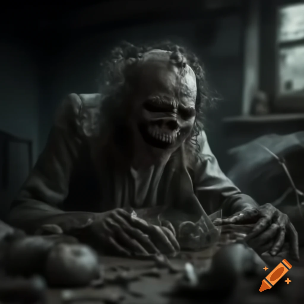 Vintage photo of a decaying zombie in a dark attic on Craiyon