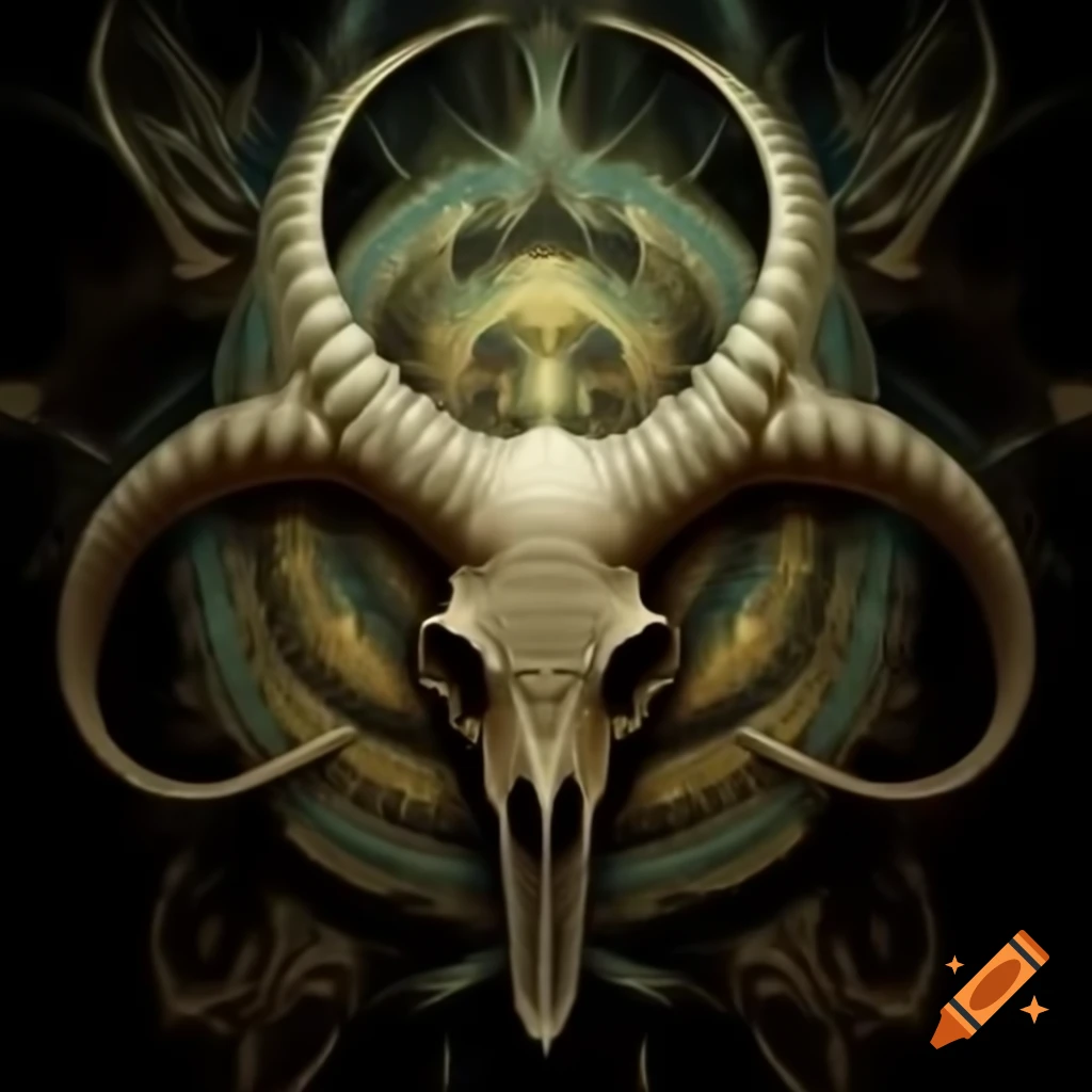 Occult fractal egyptian art featuring skull with biohazard motifs on ...