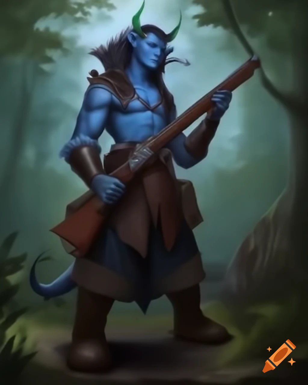Half-devil adventurer with glowing blue skin and magic rifle in forest ...