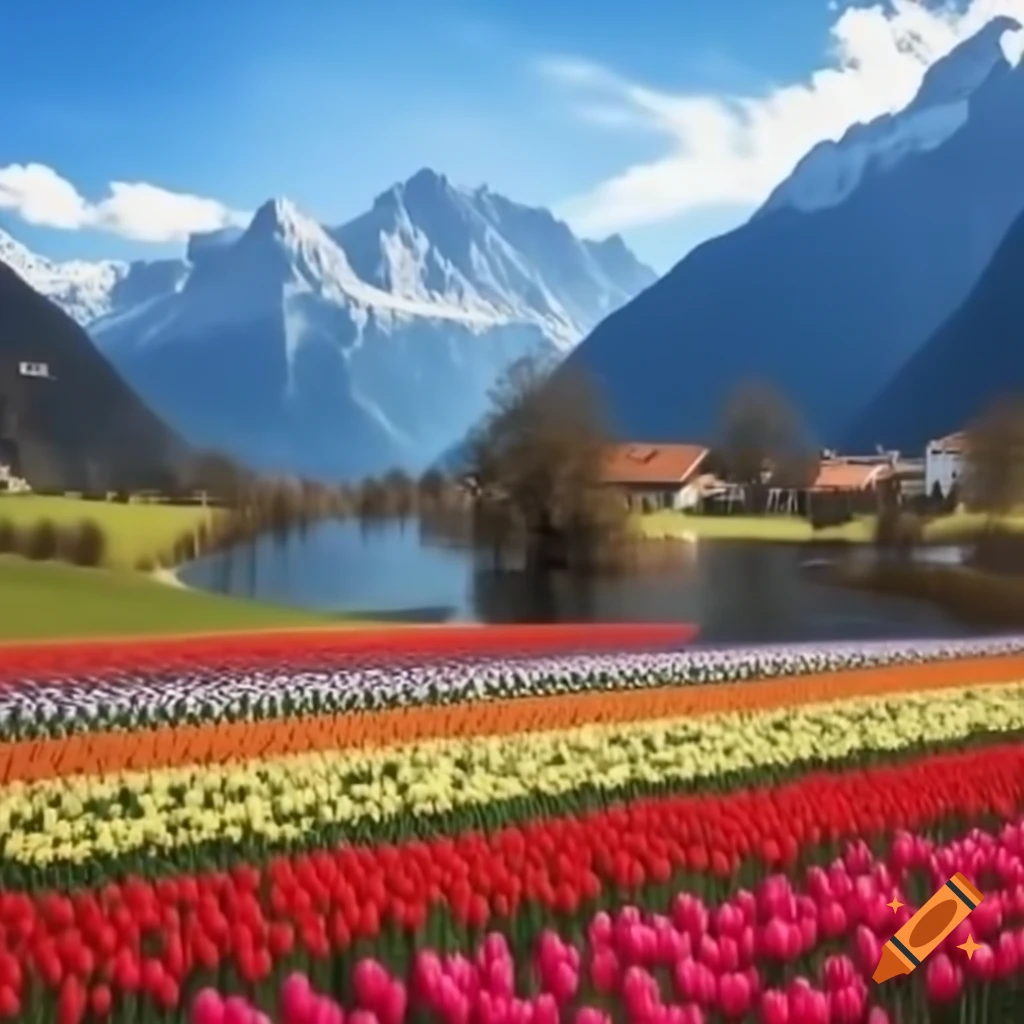 Imaginary city of Miradero surrounded by tulip fields and colorful ...