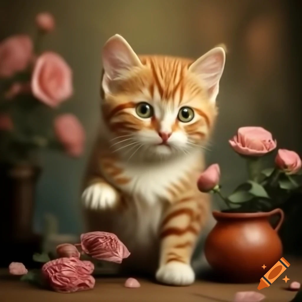 Photorealistic landscape with orange tabby cat near pink roses on Craiyon