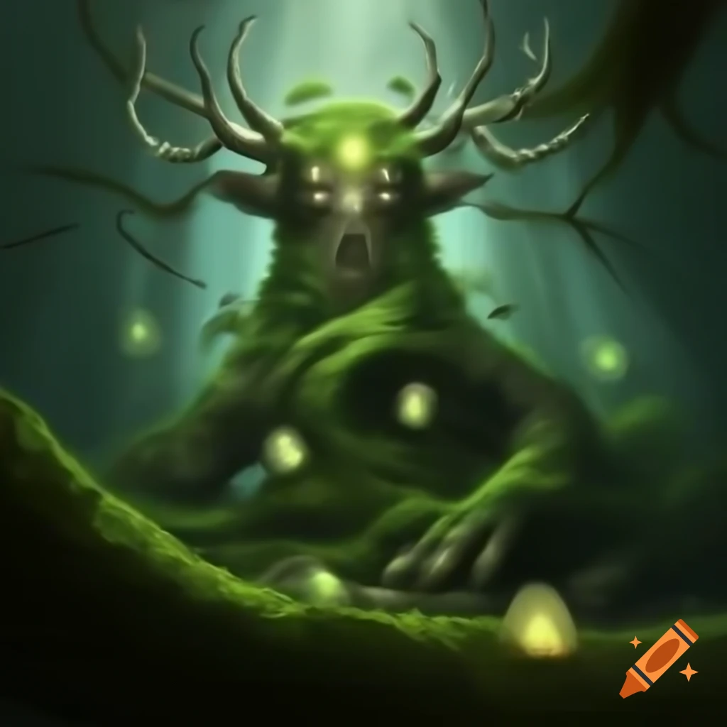 Ancient treant with bioluminescent fungi and emerald eyes on Craiyon