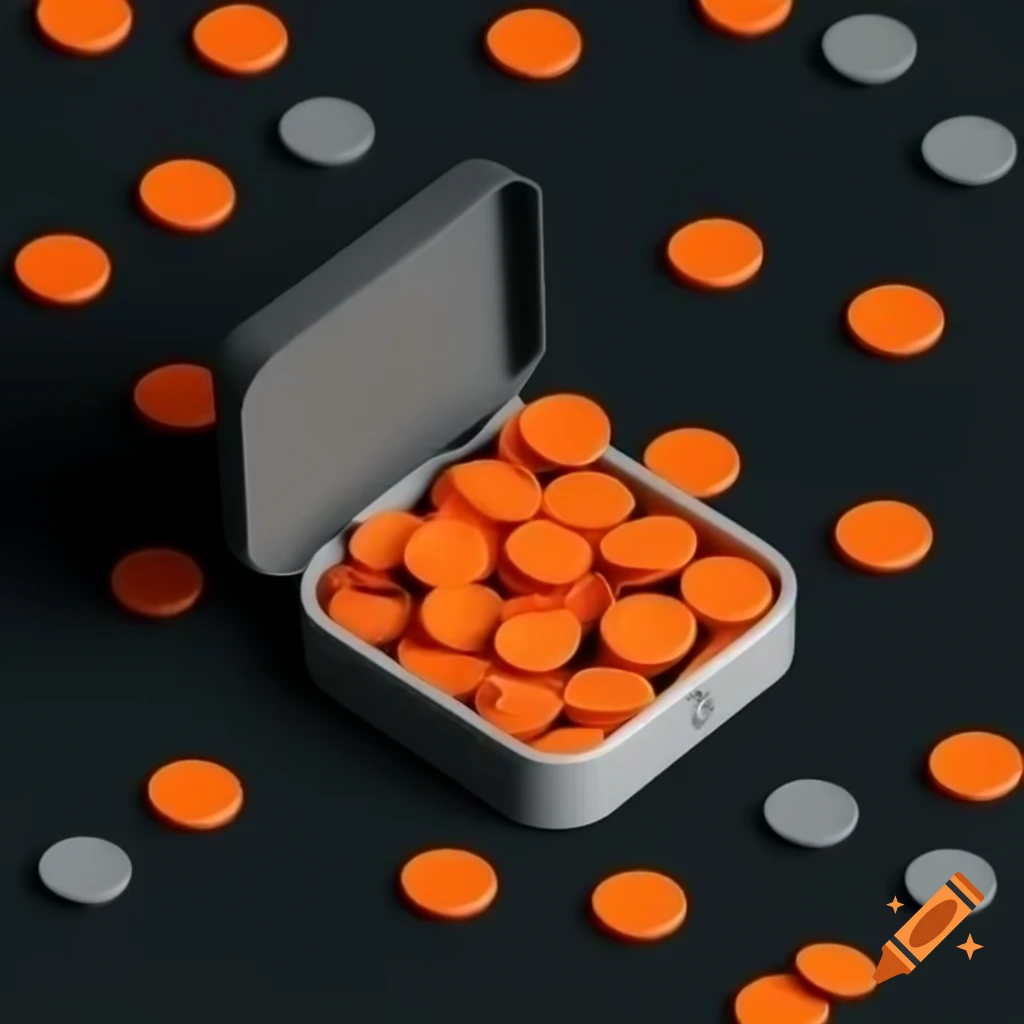 Box containing small orange tokens on gray-black gradient background on ...