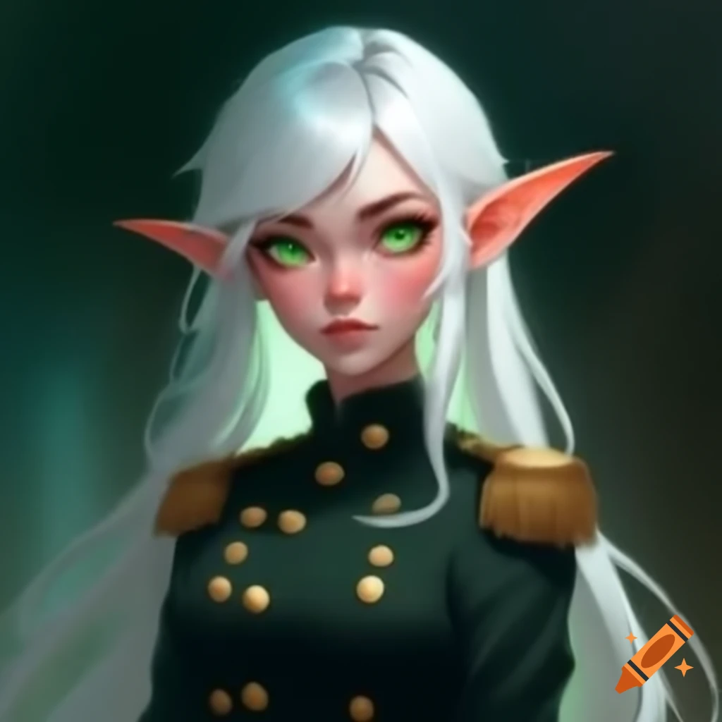 Beautiful elf woman with white hair and green eyes in navy officer ...
