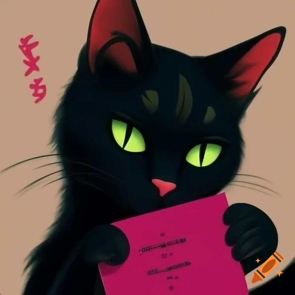 Black cat with green eyes and red hair holding 'neko notes' notebook ...