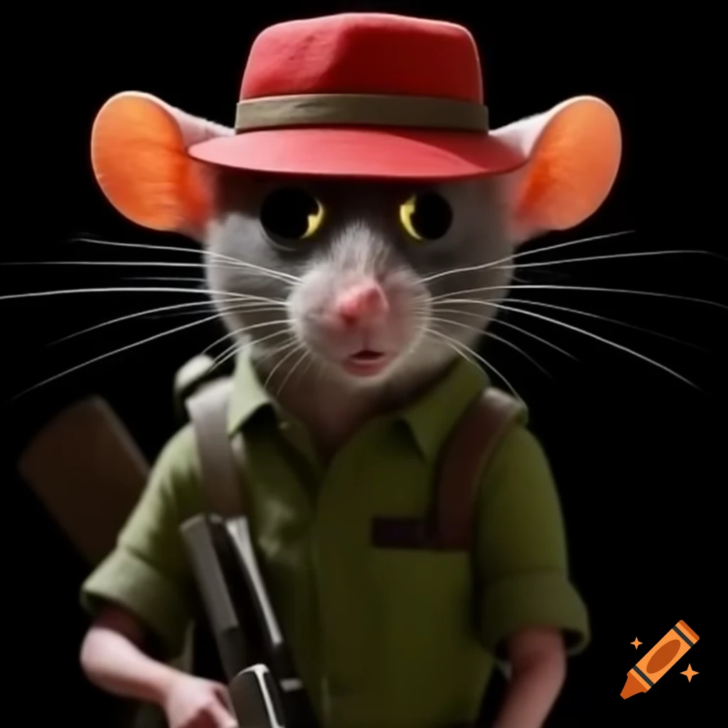 Humanoid rat with big ears in red hat amidst nuclear bomb explosion ...