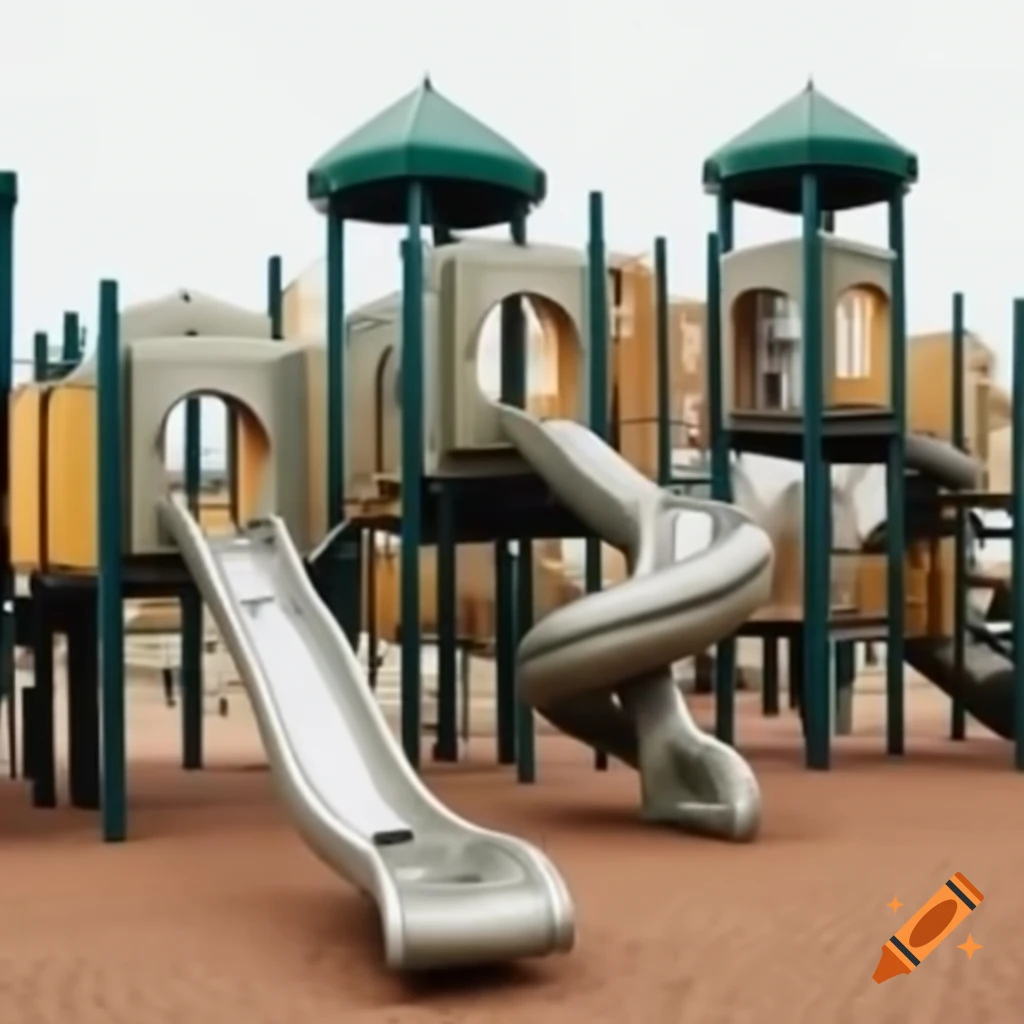 Playground complex featuring multiple slides and suspended tunnels on ...