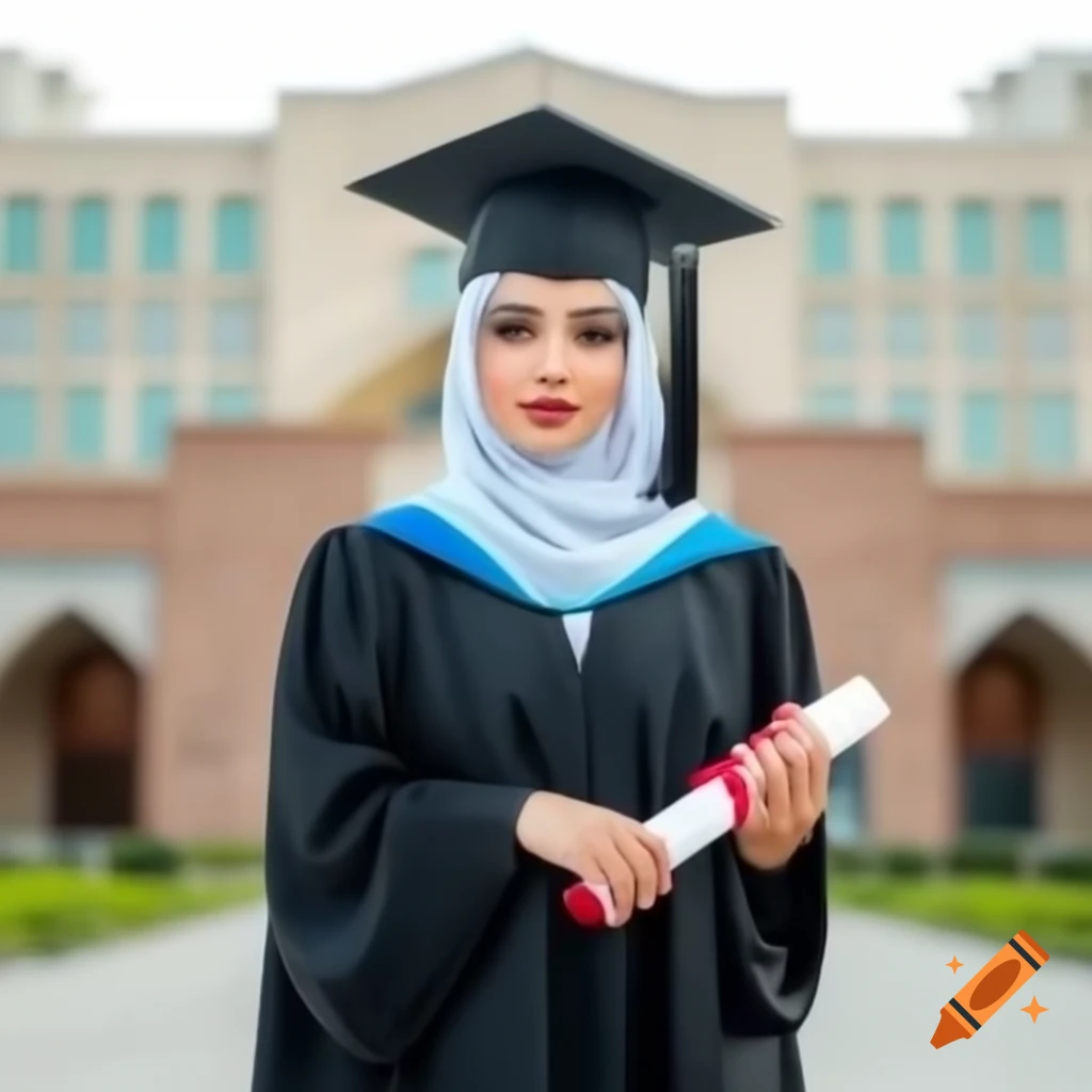 Iranian graduation photo of girl in hijab with cap and gown holding ...