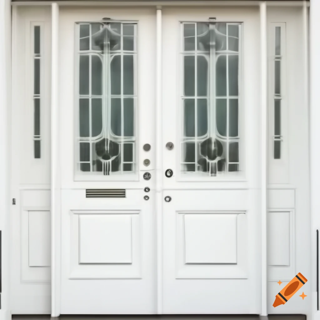 Bright white french doors with glass window panes in cool tones on Craiyon