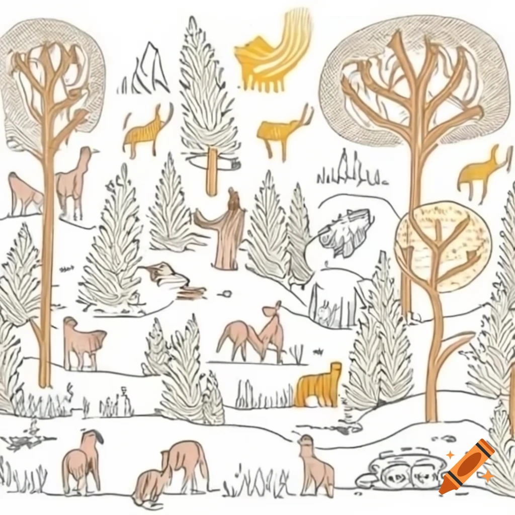 Color line drawing of forest gathering with animals including Seahawks ...