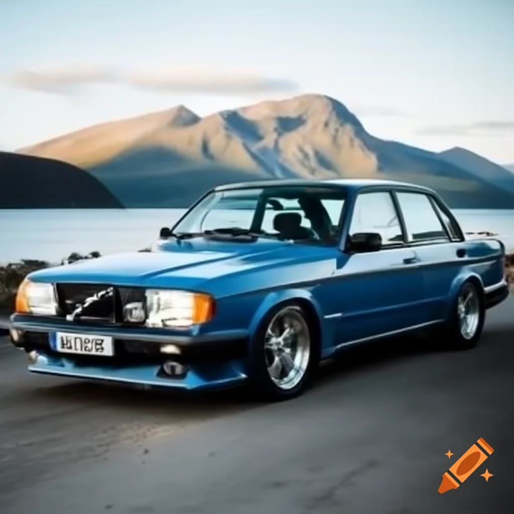 Blue Volvo 240 with Swedish mountains in the background on Craiyon