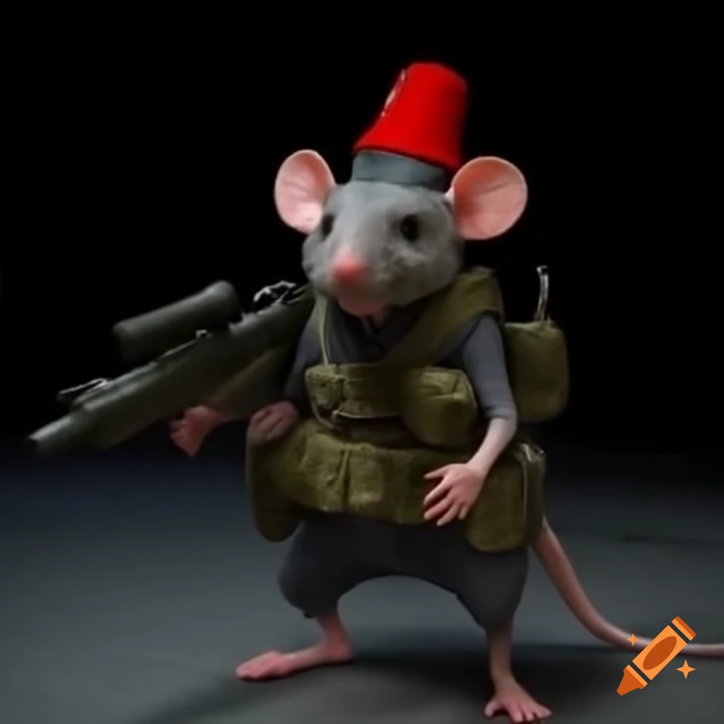 Humanoid rat with big ears in red hat amidst nuclear bomb explosion ...