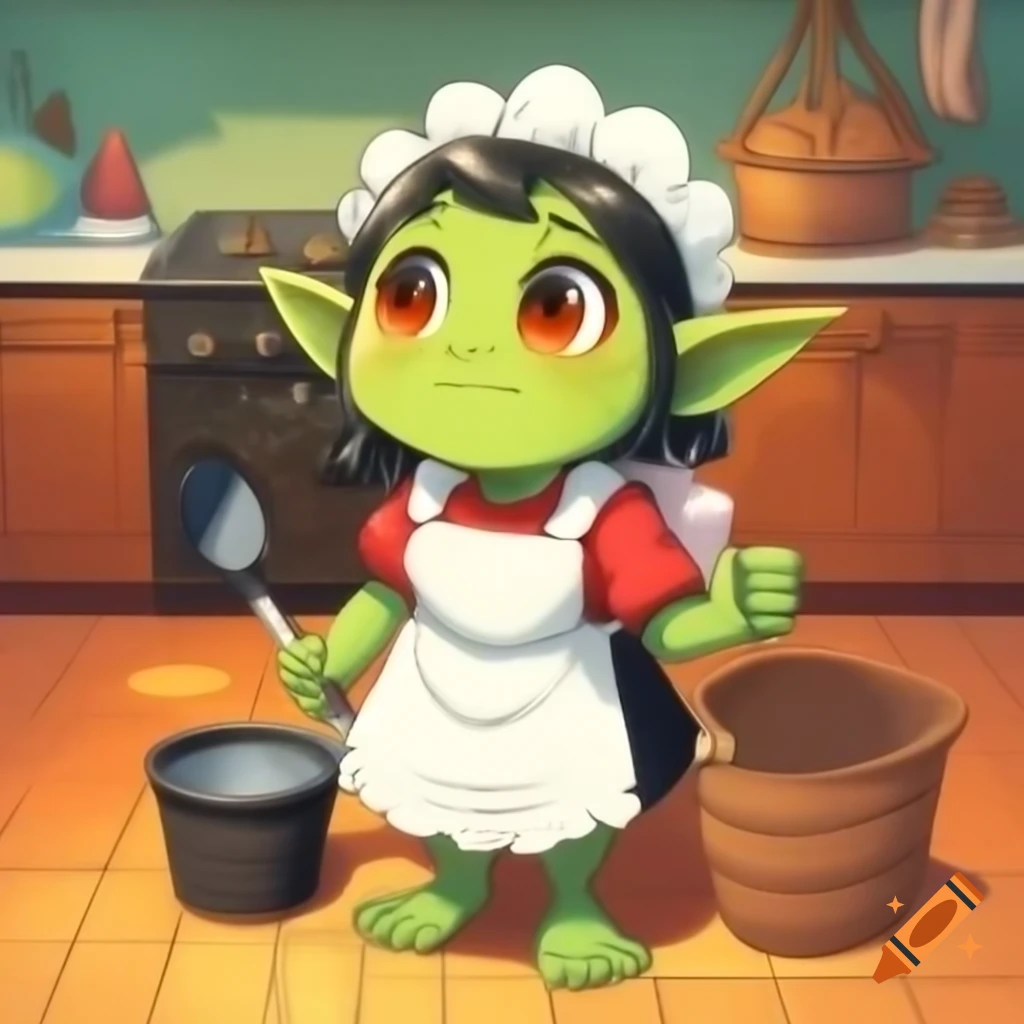 Cute goblin in maid costume mopping kitchen floor with expressive eyes ...