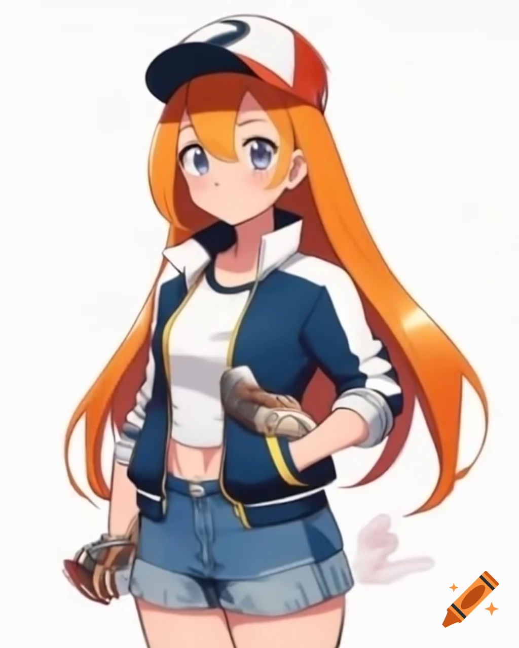 Female pokemon trainer with orange hair holding a cat, dressed in ...
