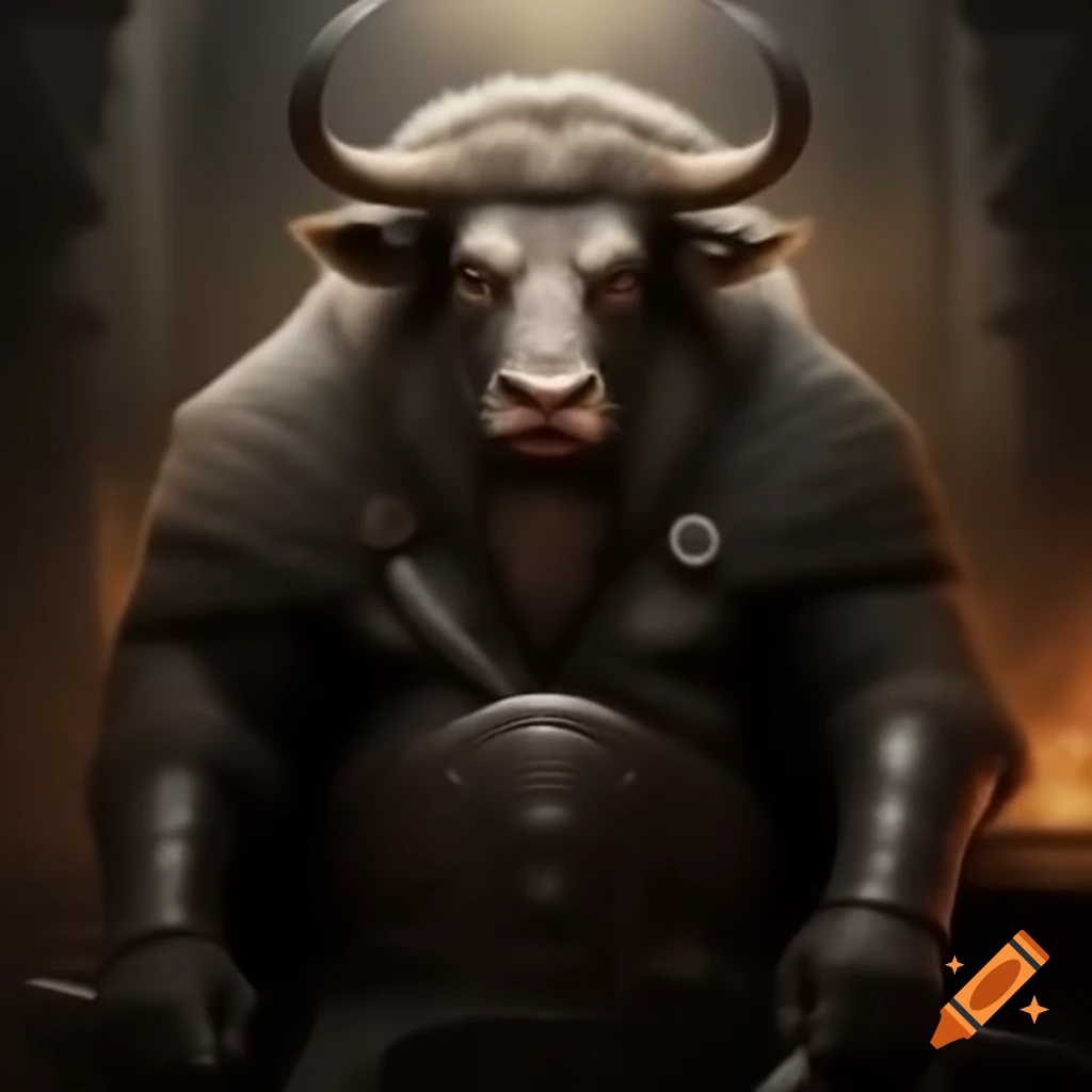 Muscular minotaur in medieval cloak with eye patch and long horns on ...