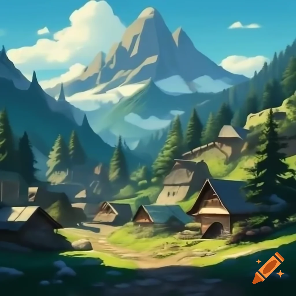 Beautiful village in mountains surrounded by long pine trees on Craiyon