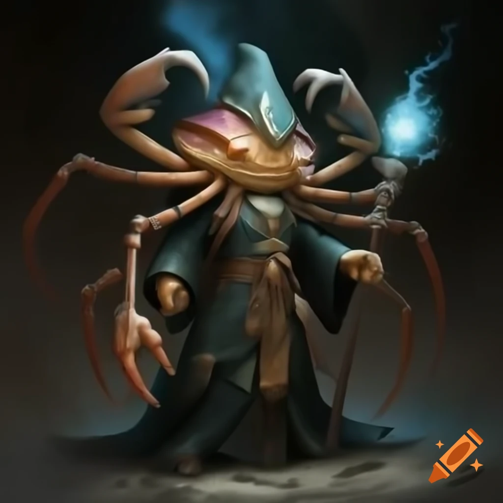Ethereal crab with cosmic powers in wizard robes holding a staff for ...