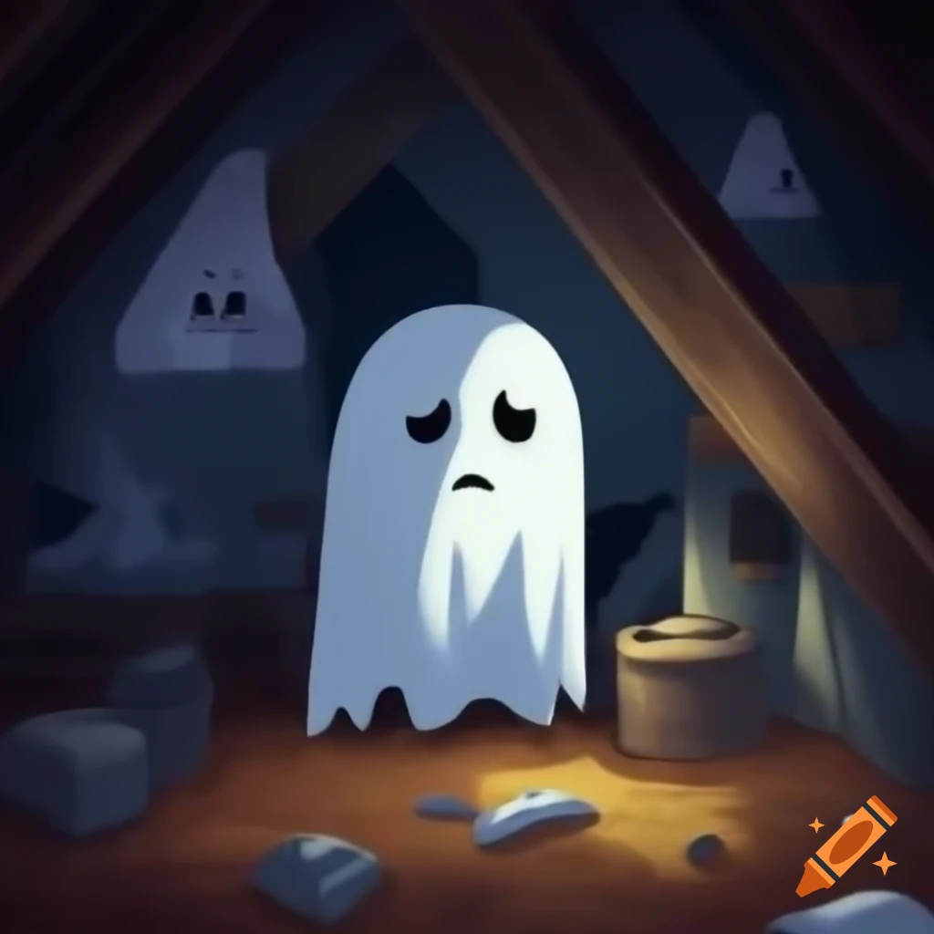Worried ghost in an attic, non-scary depiction on Craiyon