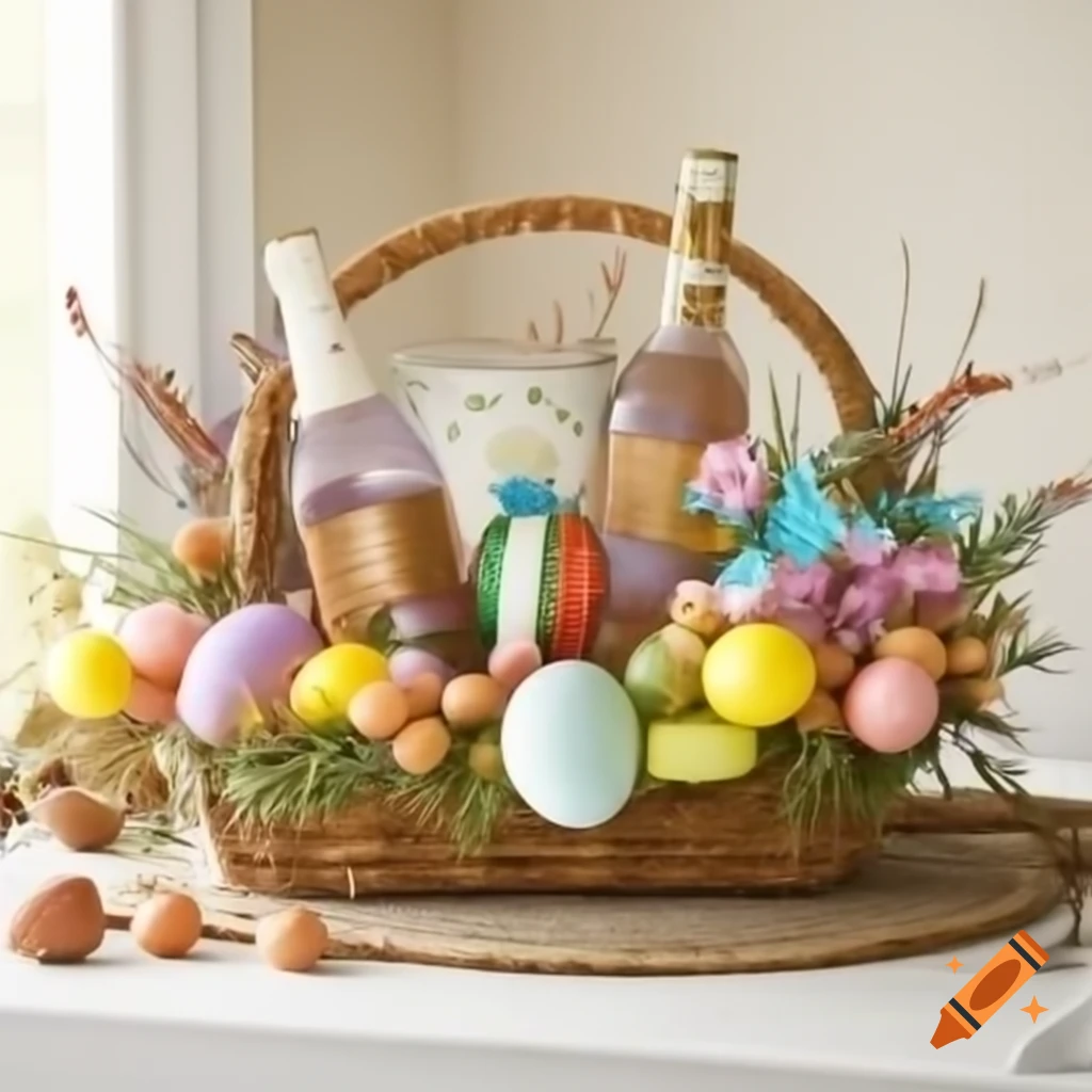 Colorful Easter basket arrangements with decorations on Craiyon