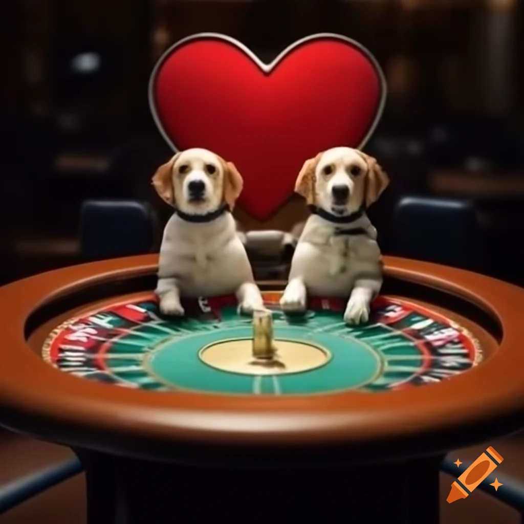 Cute dogs by roulette table with heart-shaped box of diamonds, hyper ...