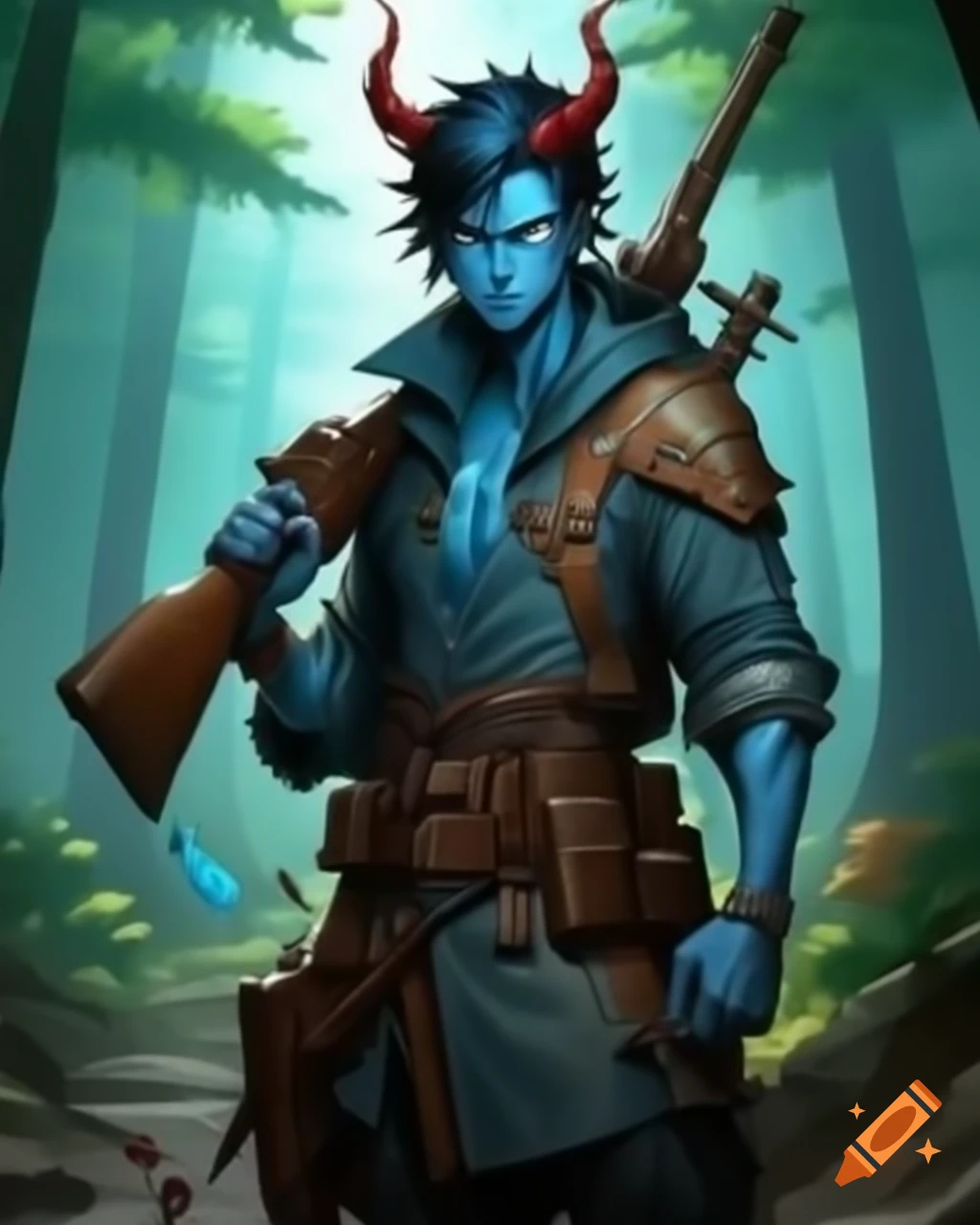 Blue-skinned half-devil adventurer in forest with magic hunting rifle ...