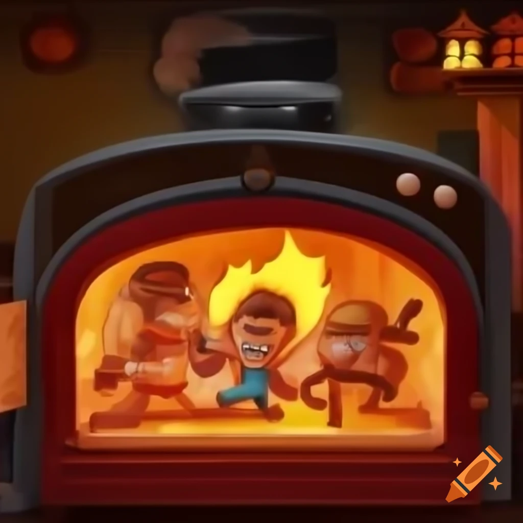 Cartoon characters in a humorous oven scene with fire on Craiyon