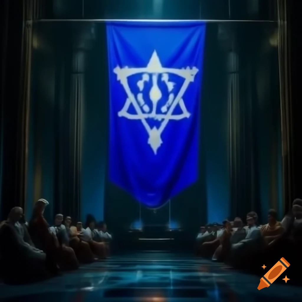 Country flag with cobalt blue and umber sections and silver octagram on ...