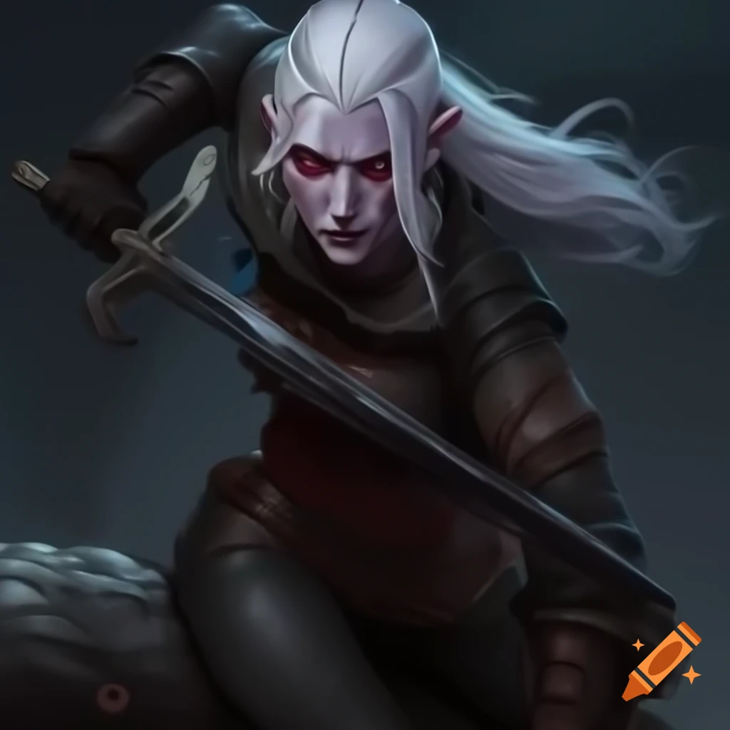 Dark-elf witcher in leather armor standing over defeated monster on Craiyon