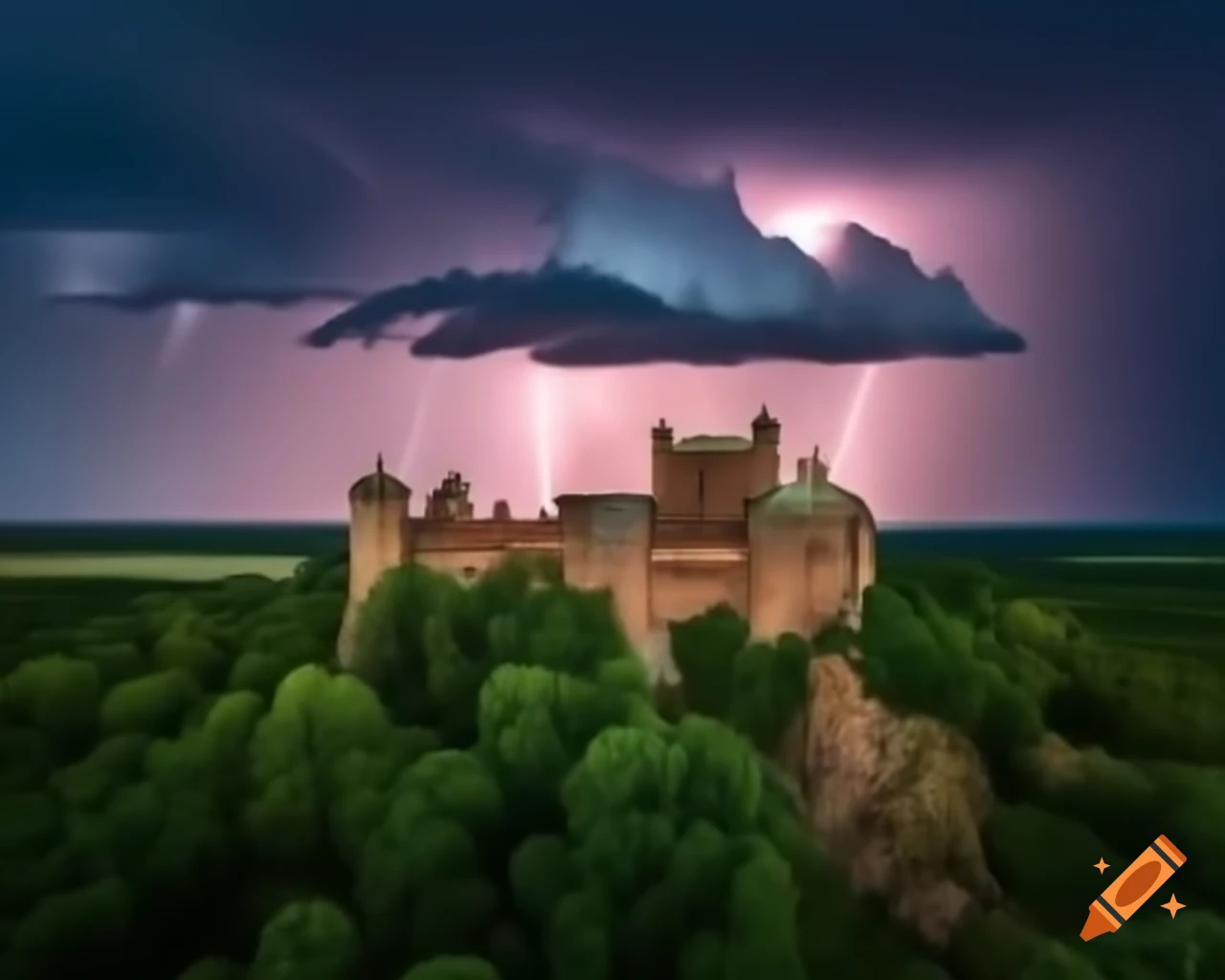 Old western castle in bad weather with lightning and vast forest on Craiyon