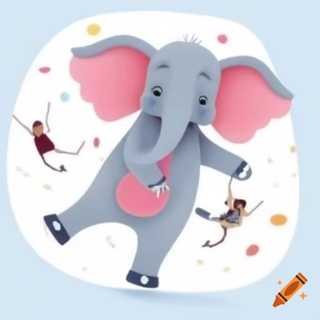 Colorful illustration of a dancing elephant on one leg against white ...