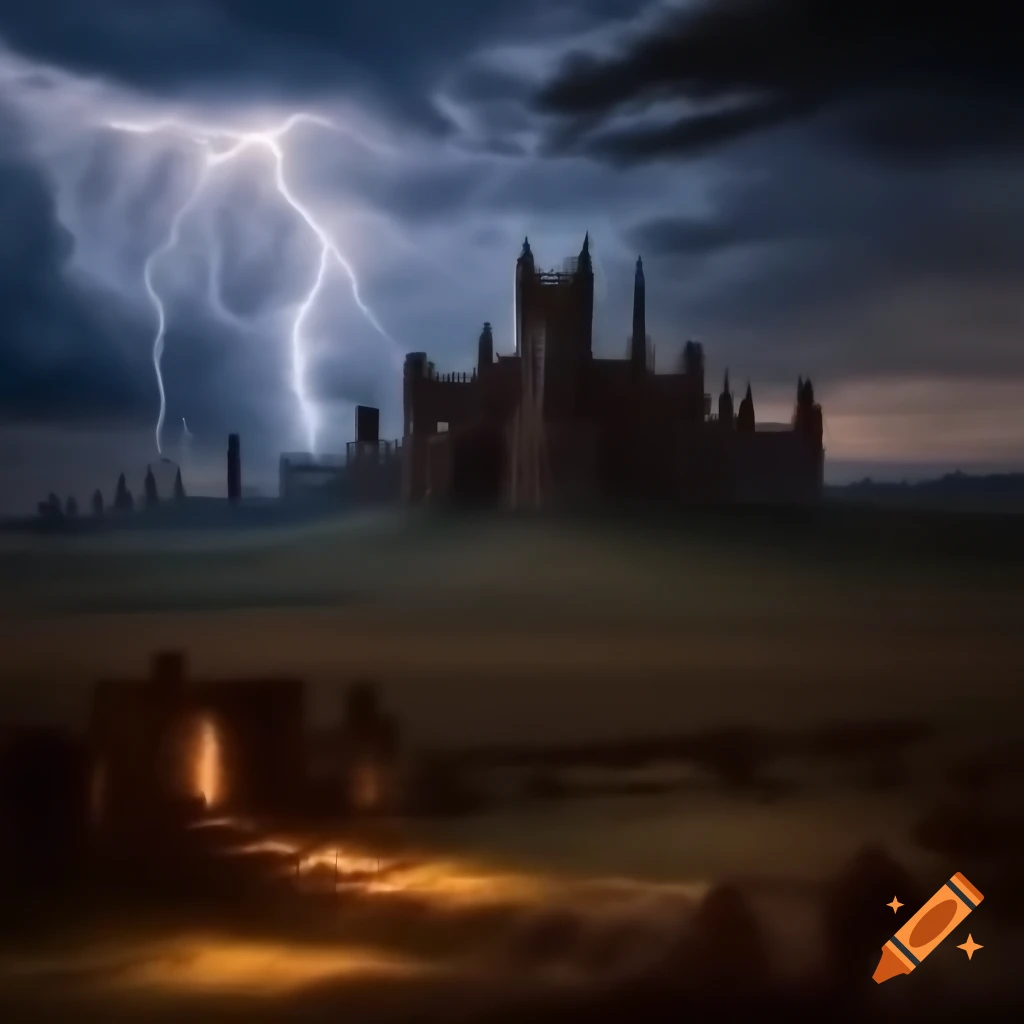 Dramatic western castles under bad weather with lightning on Craiyon