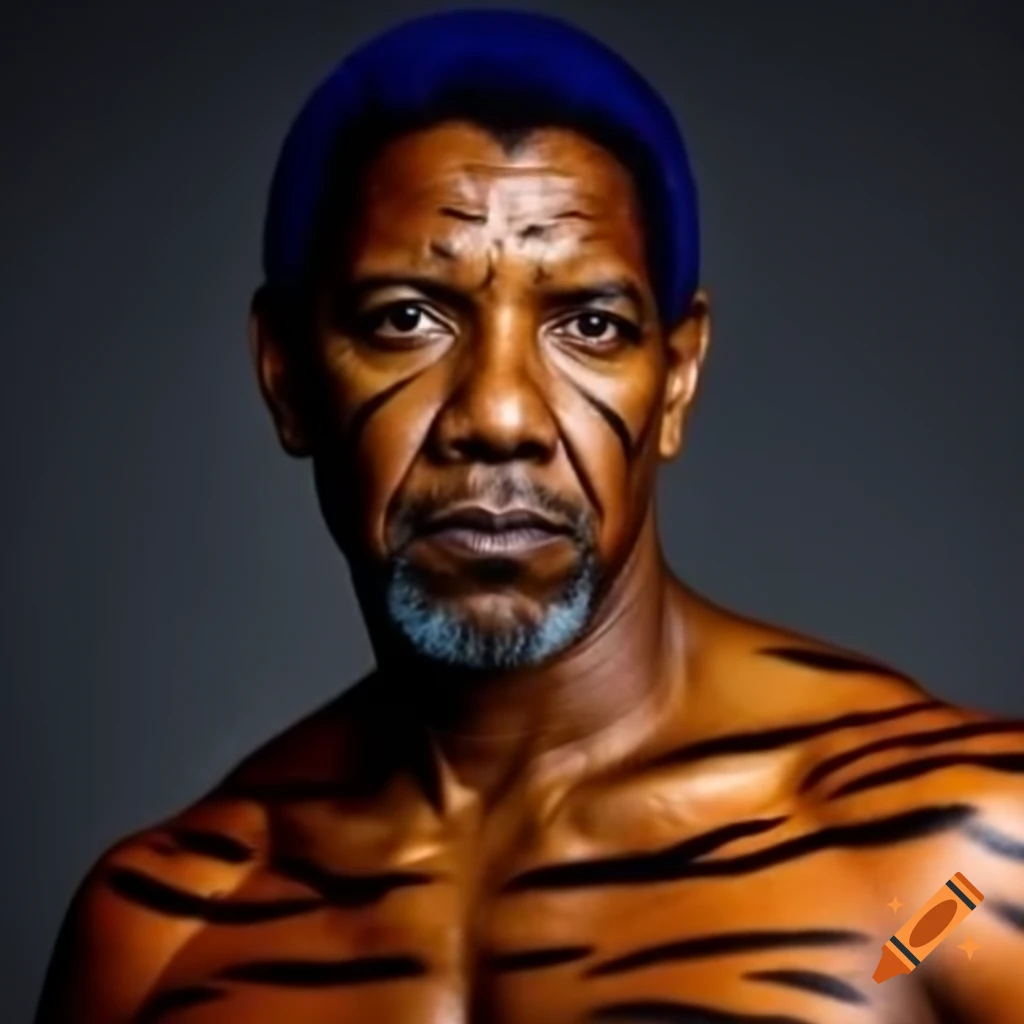 Muscular man with tiger-style makeup featuring blue hair and orange ...