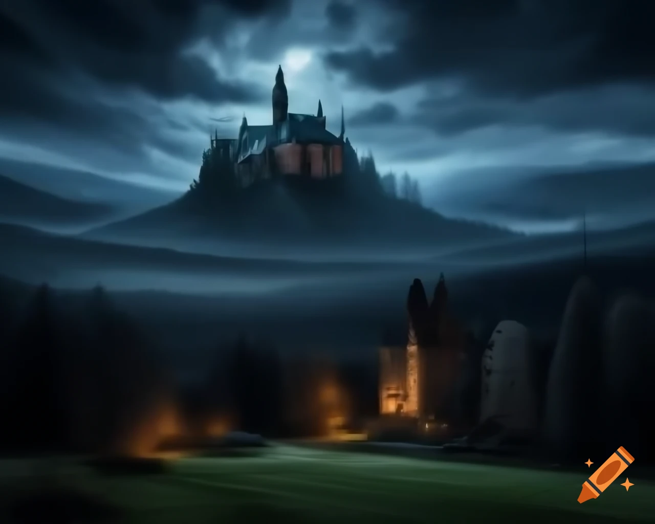 European castle in dark landscape with faint lights and vast forest in ...