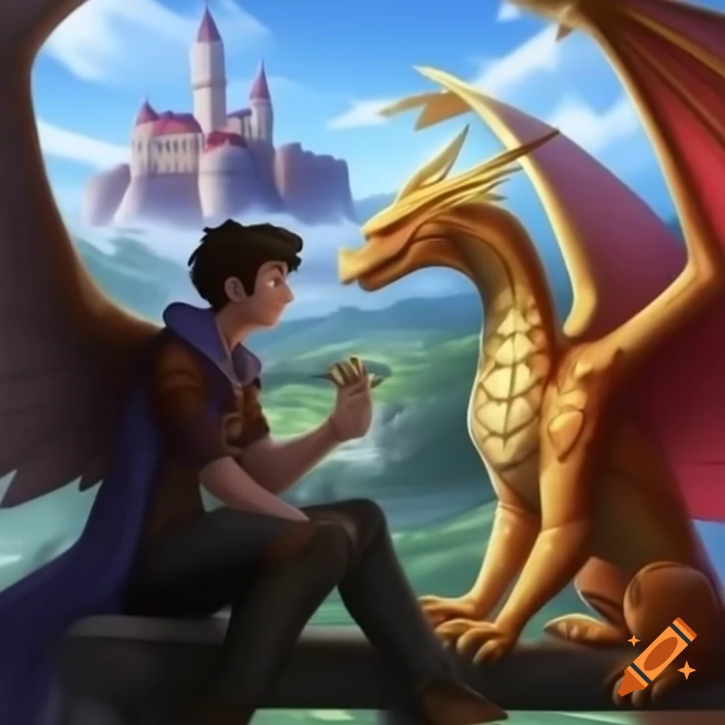 Half man half eagle shape shifter with golden dragon near great castle ...