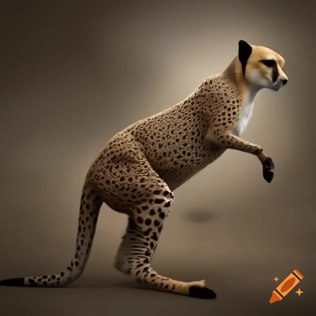 Hybrid animal with cheetah legs, kangaroo head and arms, lion torso ...