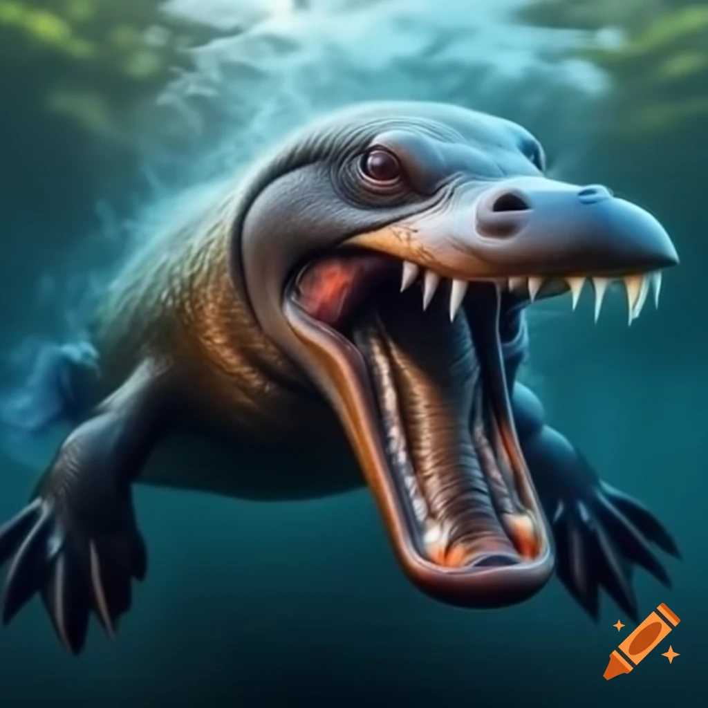 Fierce platypus with sharp teeth swimming in water on Craiyon