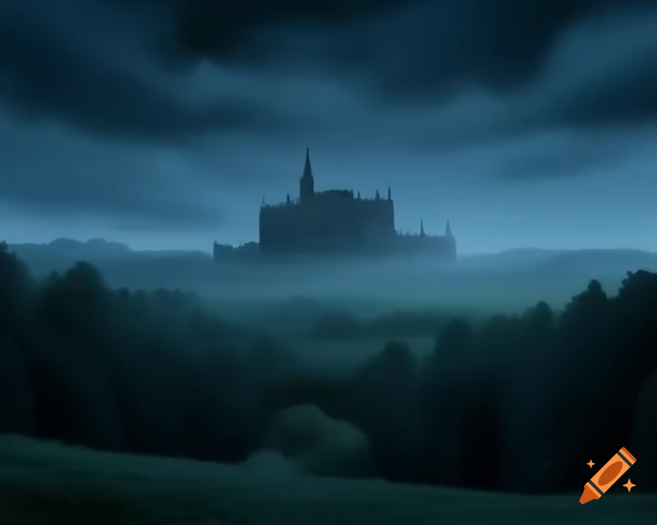 Dark landscape of european castle with faint lights and forest in bad ...