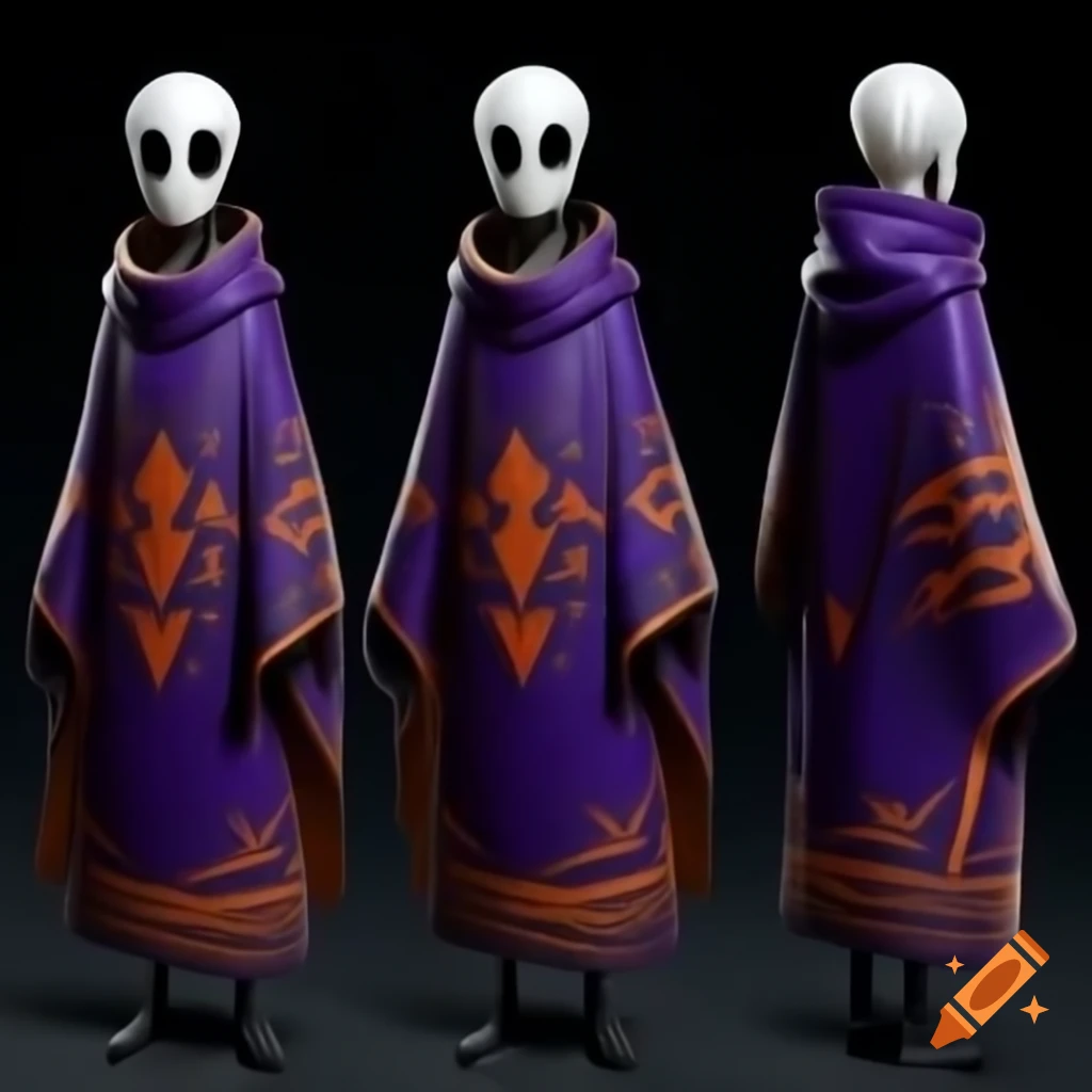 Small skeleton character in tattered purple robe with orange patterns ...