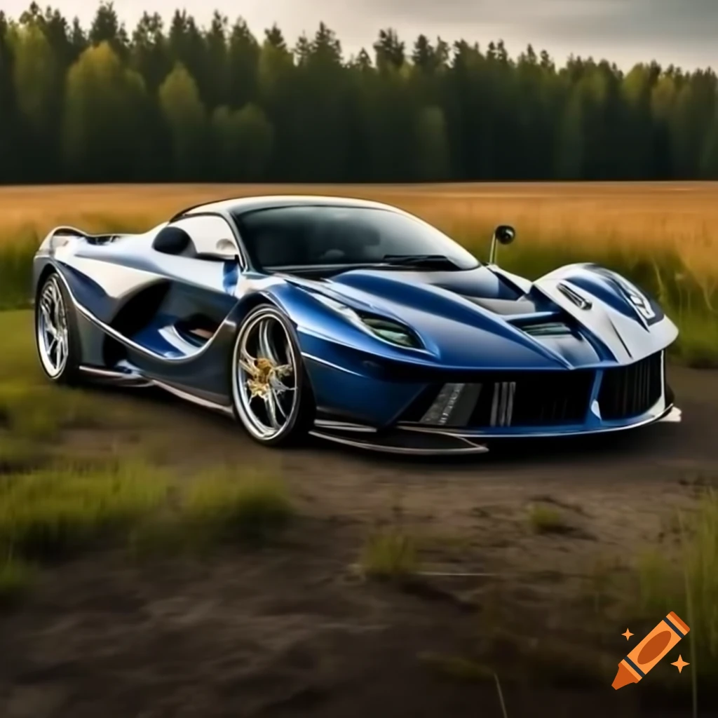 Abandoned navy blue Ferrari LaFerrari in forest clearing with yellow ...