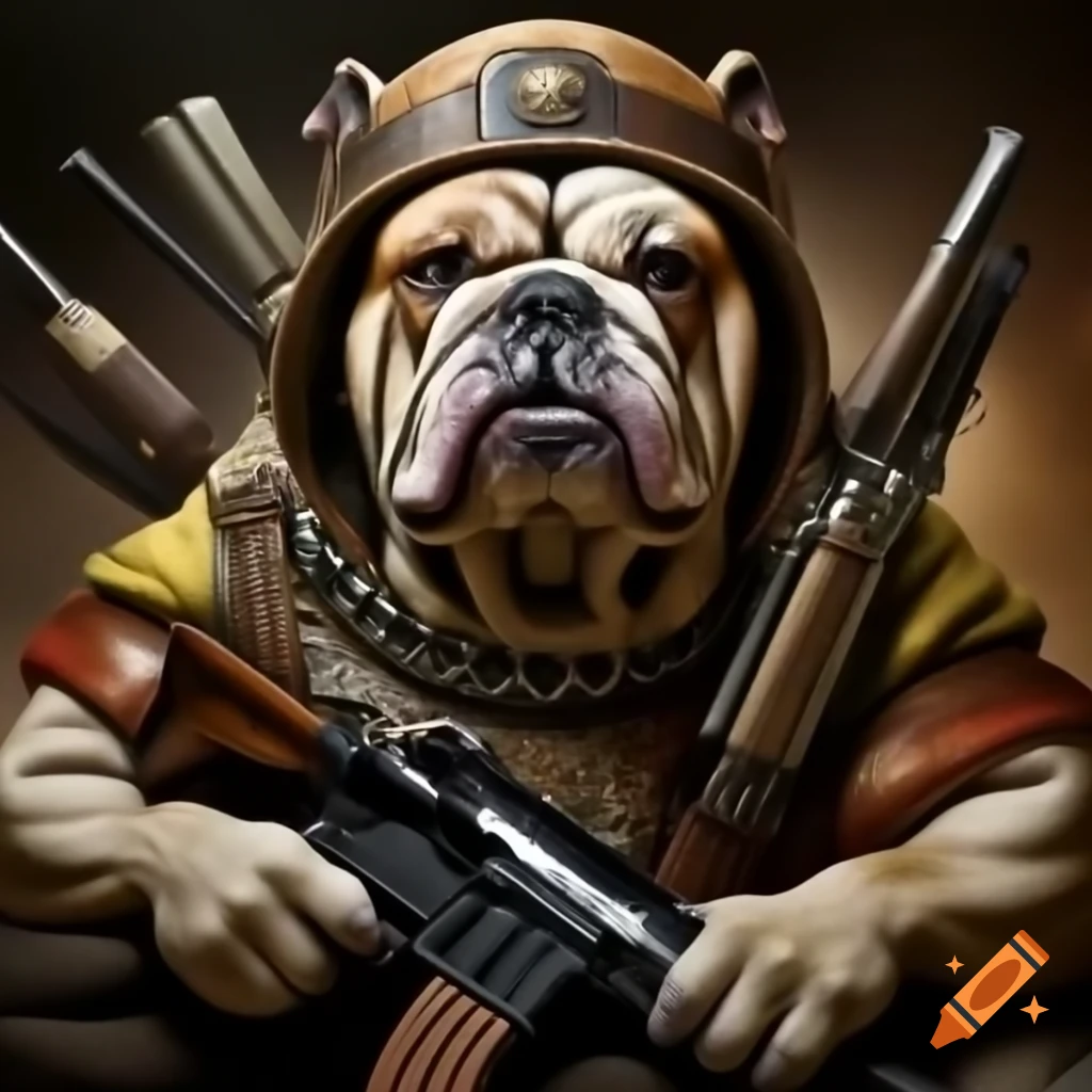 Warrior bulldog wearing helmet, holding guns with GN8 sign on Craiyon