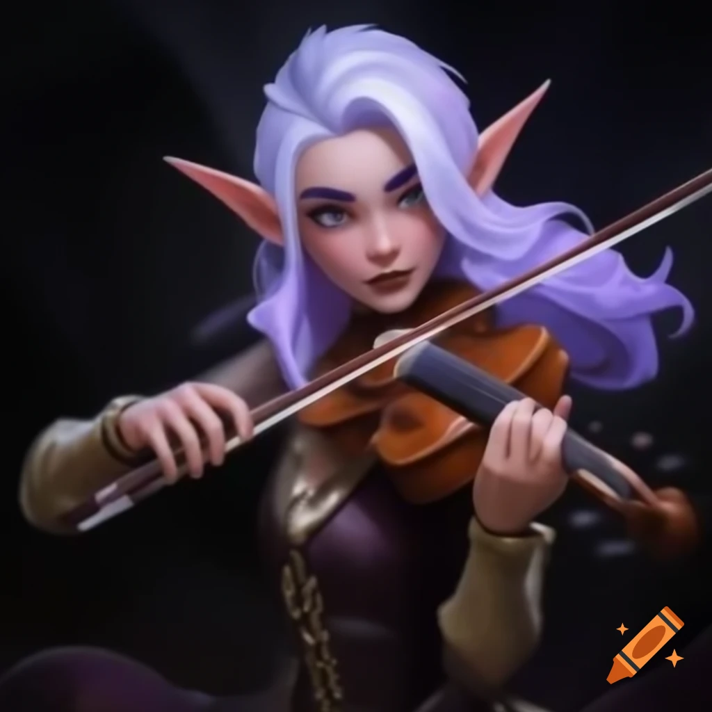 High elf bard playing violin with flowing white and purple hair on Craiyon