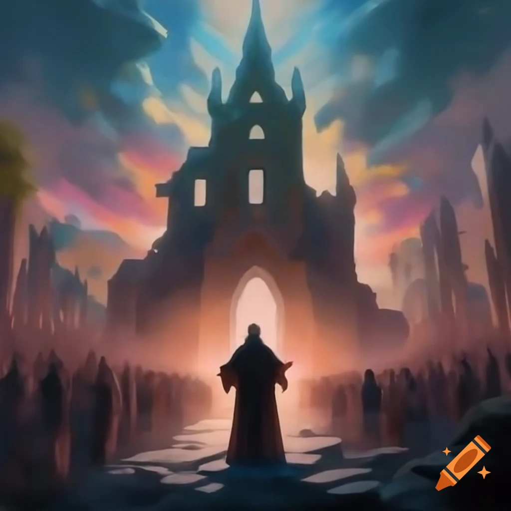 Vibrant fantasy cover art of a priest in village square before a crowd ...