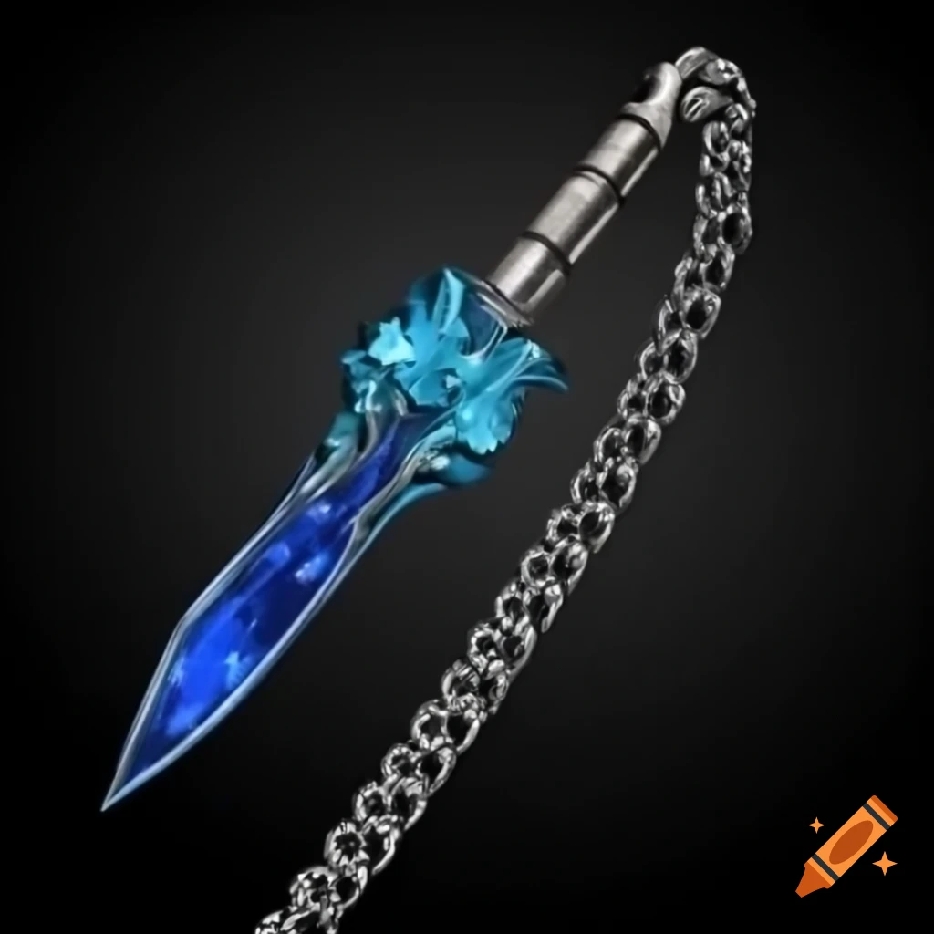 Steel chain whip with blue crystal dagger tip on Craiyon