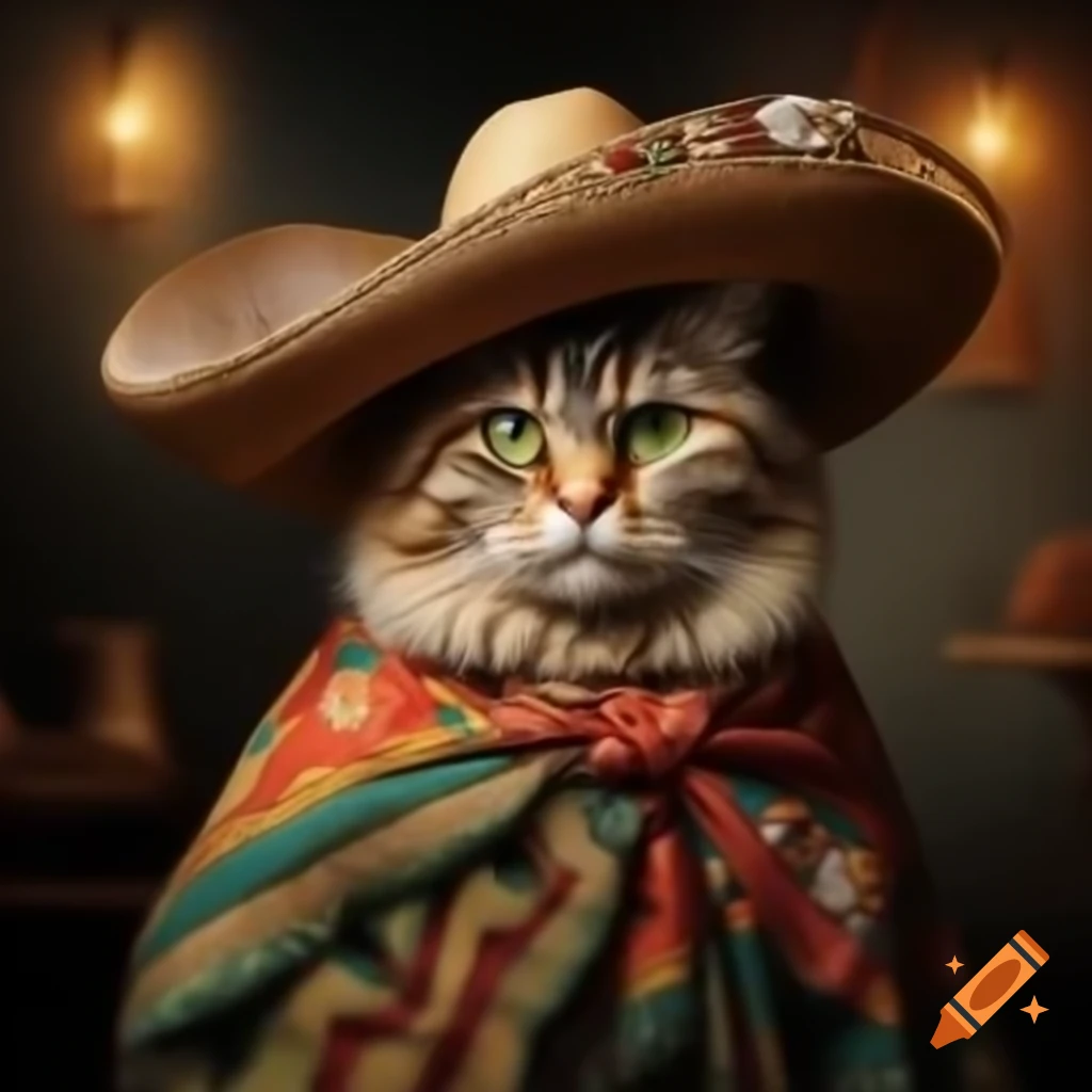 Realistic cat wearing colorful andean poncho and traditional hat in art ...